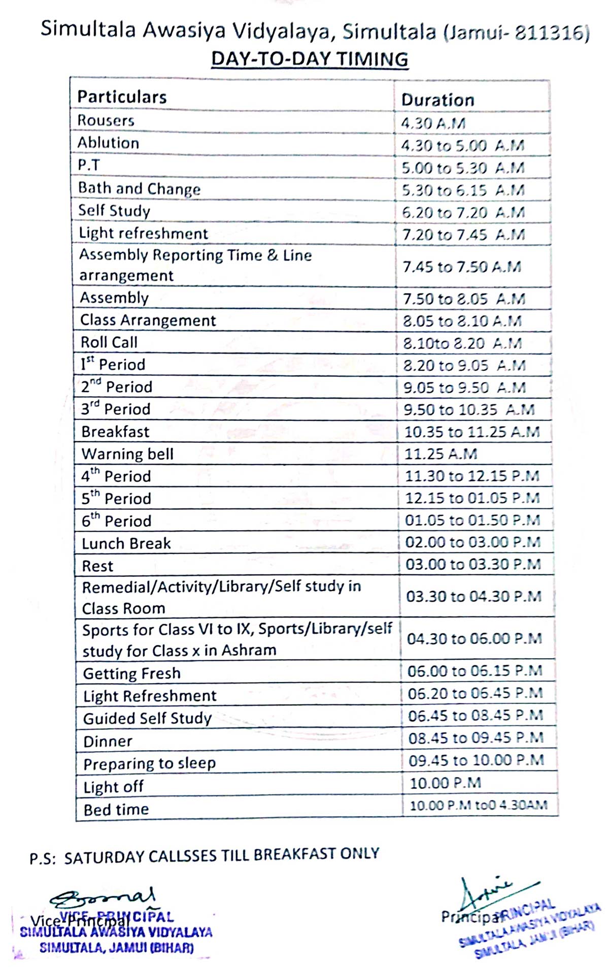 Day to day Timing – Simultala Awasiya Vidyalaya – Jamui, Bihar, Pin- 811316